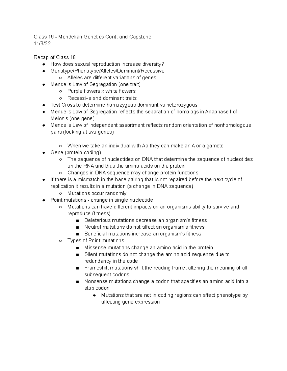 Class 19 - Mendelian Genetics Cont - and Capstone 11/3/ Recap of Class ...