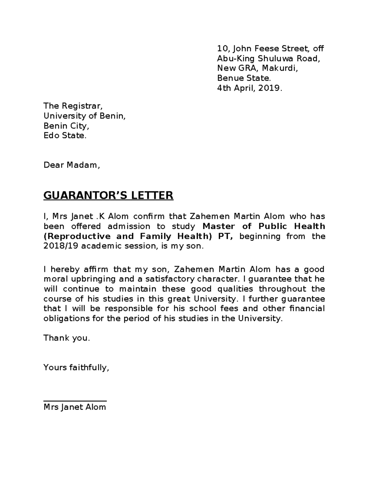 Guarantors letter Alom - 10, John Feese Street, off Abu-King Shuluwa ...