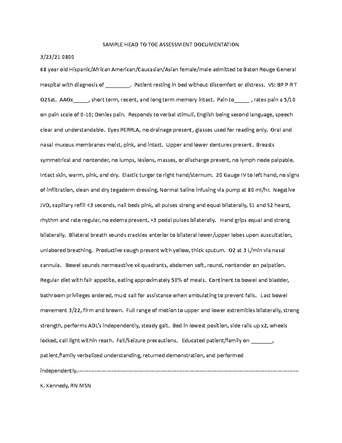 Example of Narrative - SAMPLE HEAD TO TOE ASSESSMENT DOCUMENTATION 3/23 ...