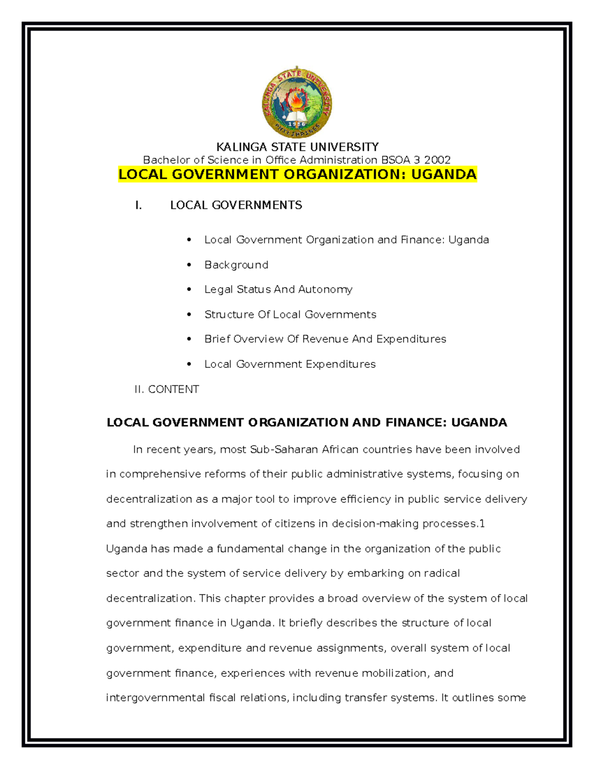 Local Government Organization- Uganda - KALINGA STATE UNIVERSITY ...