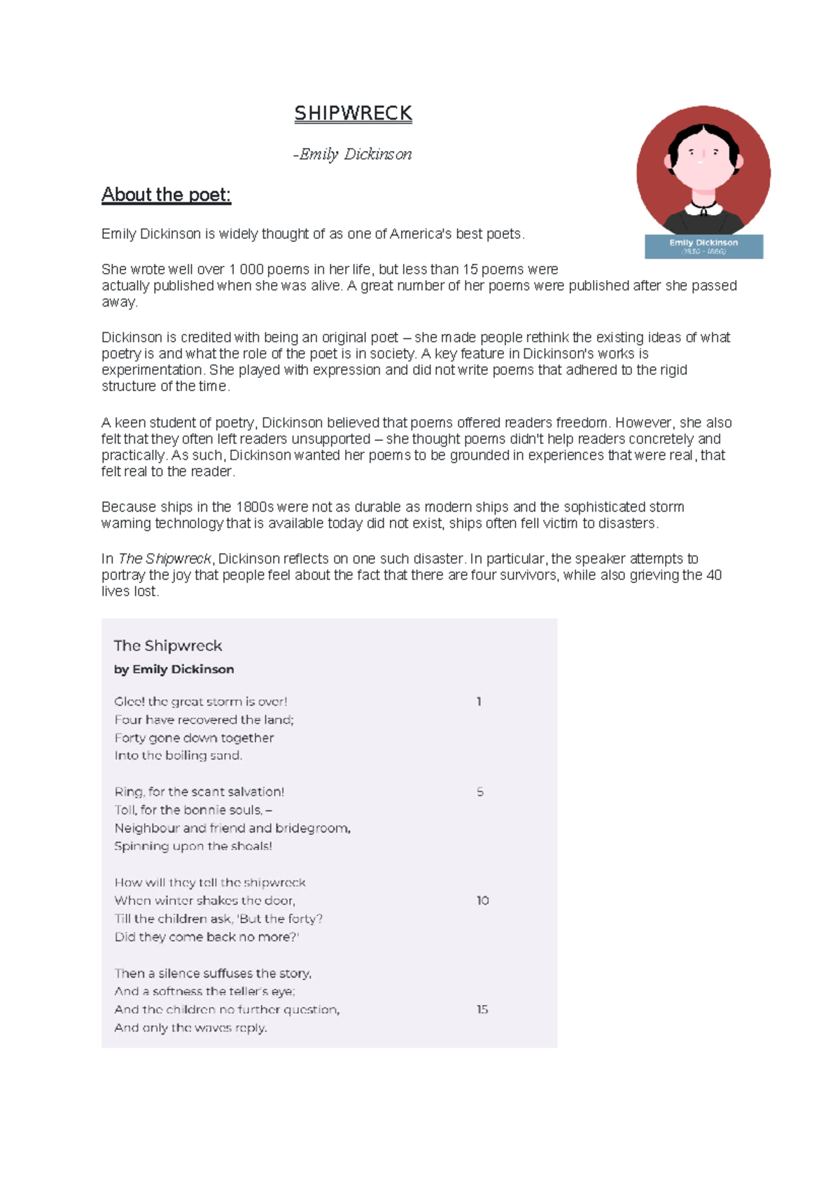 Shipwreck - poems - SHIPWRECK -Emily Dickinson About the poet: Emily ...