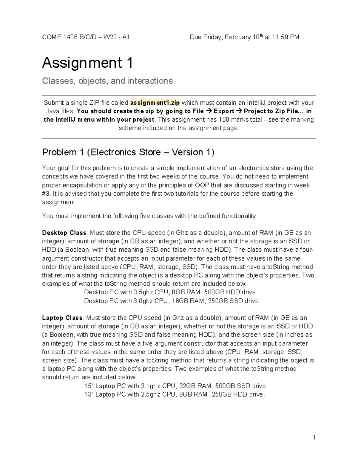 COMP1406 W23 A1 Specification - COMP 1406 B/C/D – W23 - A1 Due Friday ...