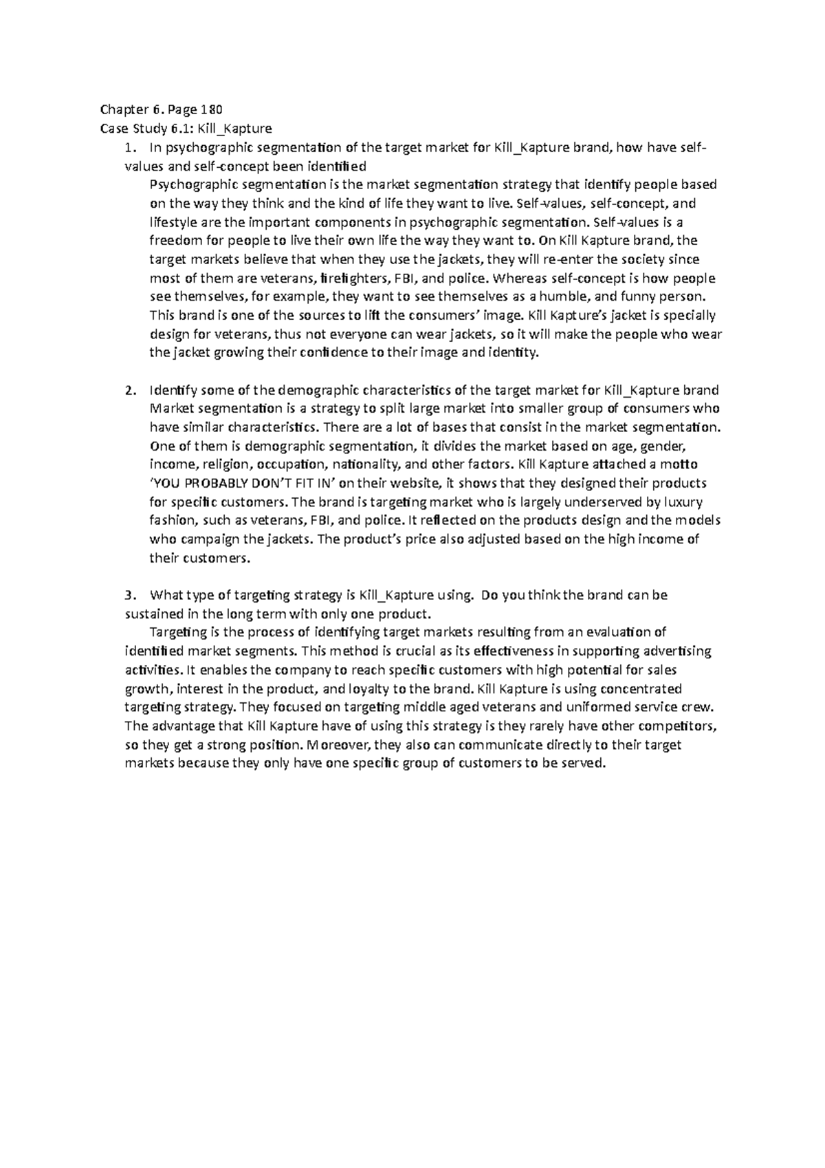 Chapter 6 Case Study - marketing - Chapter 6. Page 180 Case Study 6: Kill_Kapture 1. In - Studocu