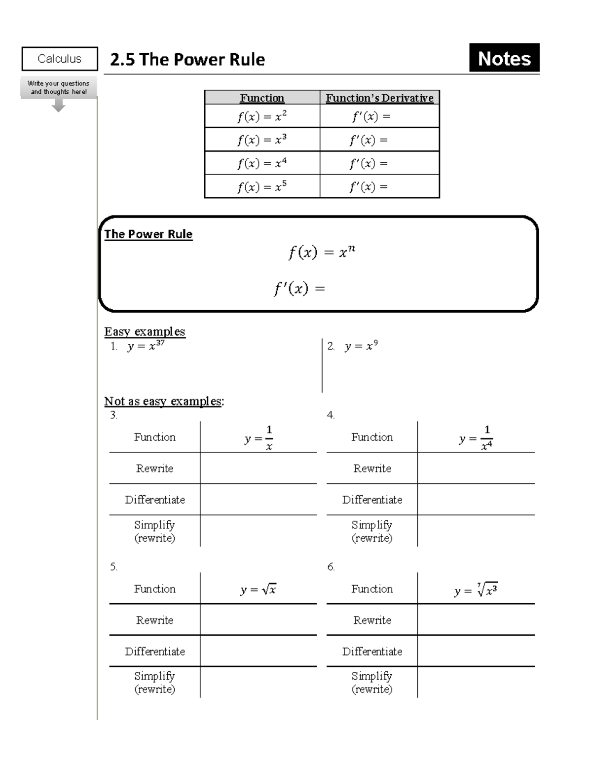 The Power Rule - Worksheet - Function Function’s Derivative 𝑓ሺ𝑥ሻ ൌ 𝑥 ଶ ...