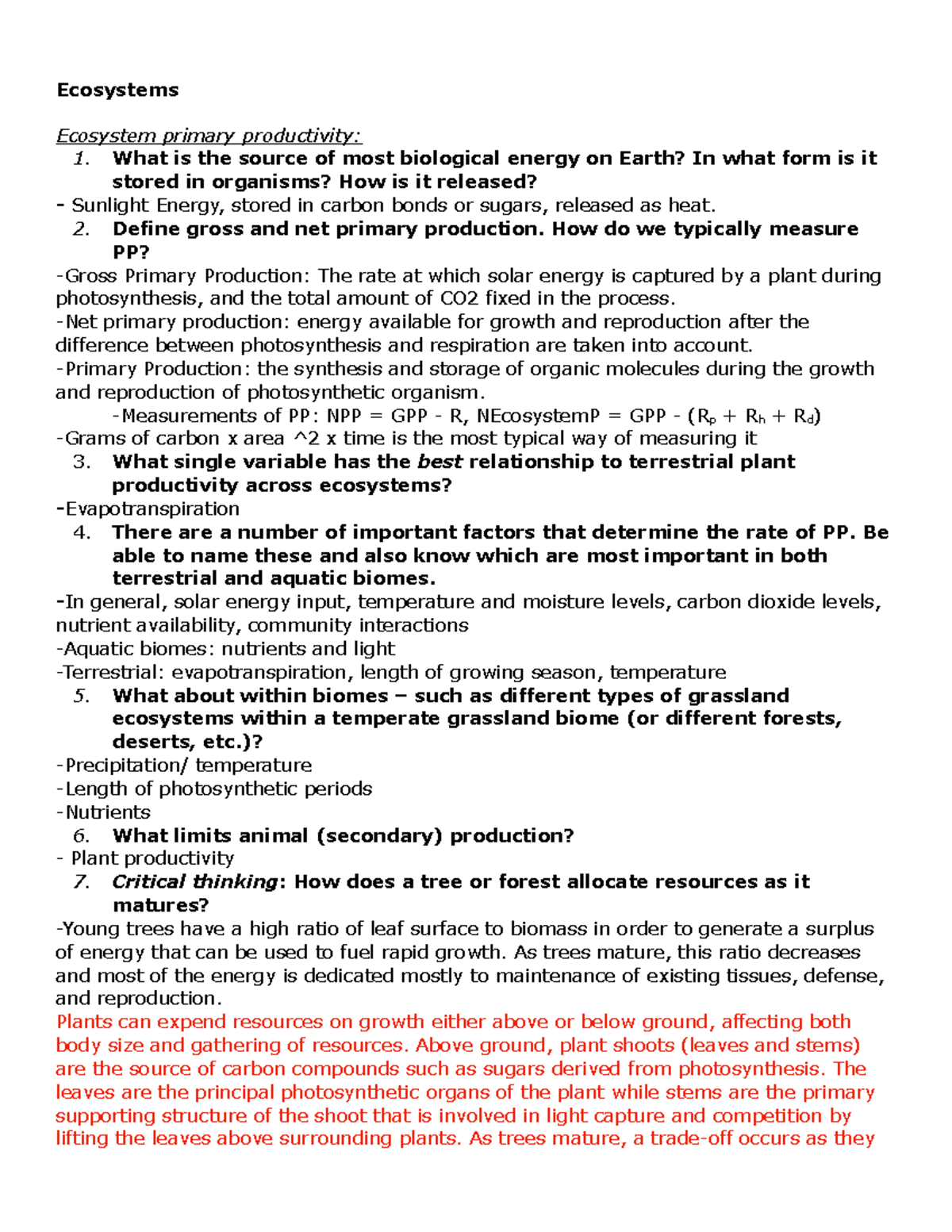 Study Guide EXAM 1 - Ecosystems Ecosystem primary productivity: 1. What ...