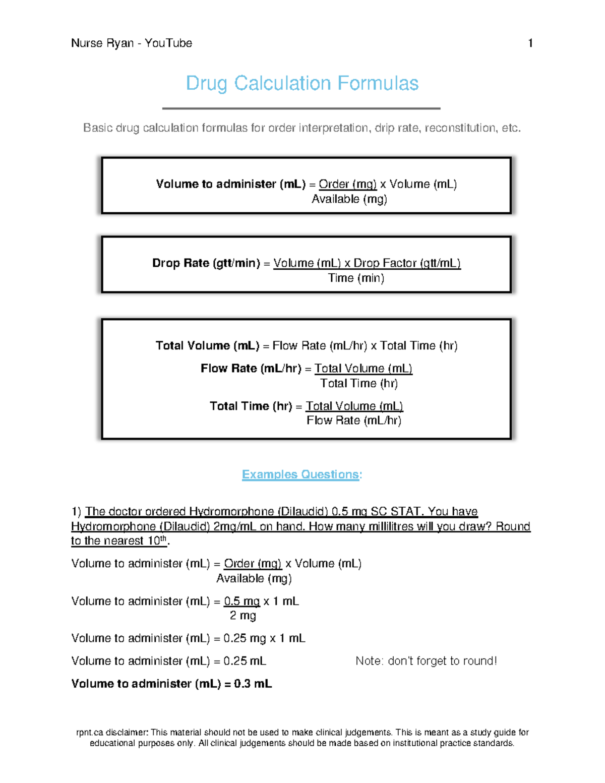 Drug Calculation Formulas - Nurse Ryan You Tube - Nurse Ryan - YouTube ...