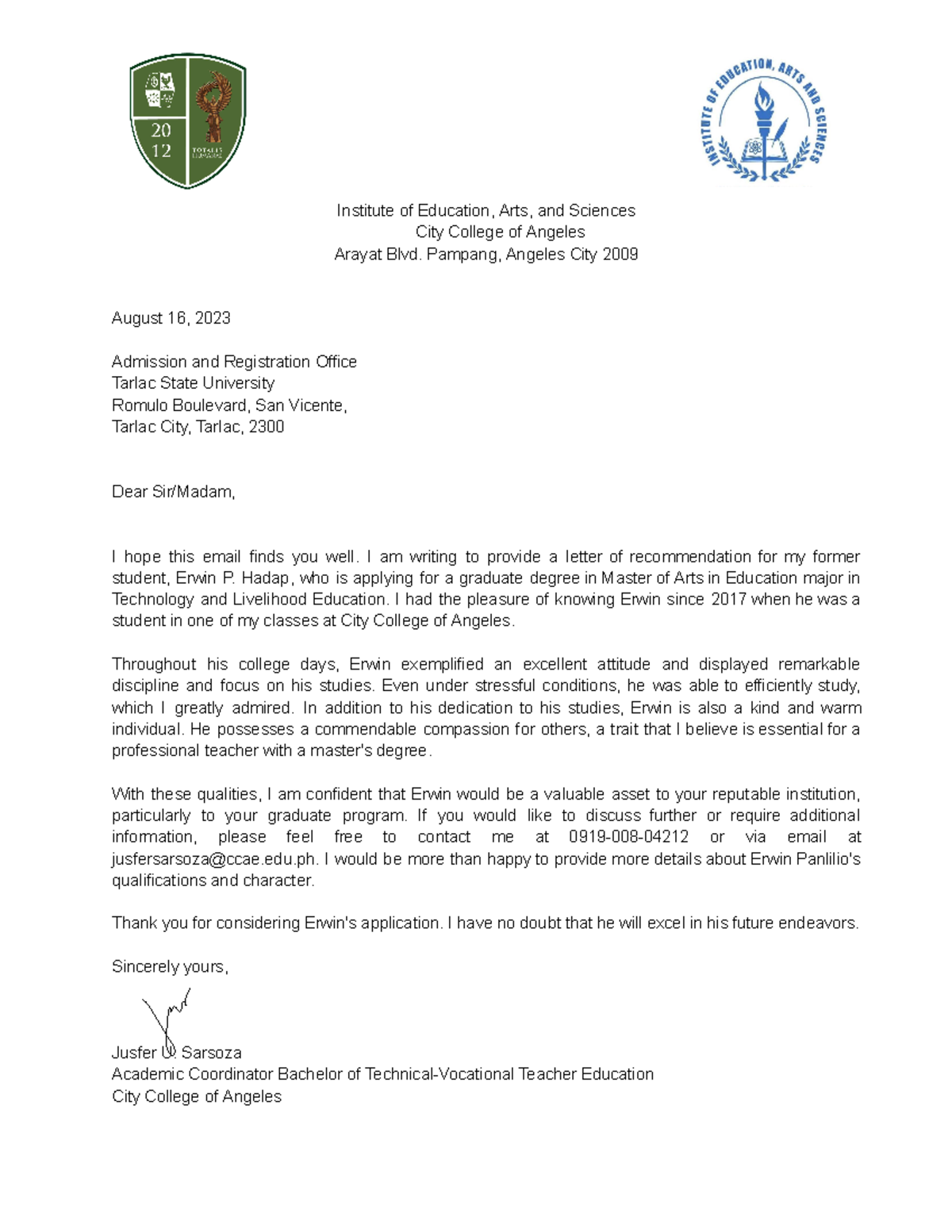 Letter of recommendation - Institute of Education, Arts, and Sciences ...