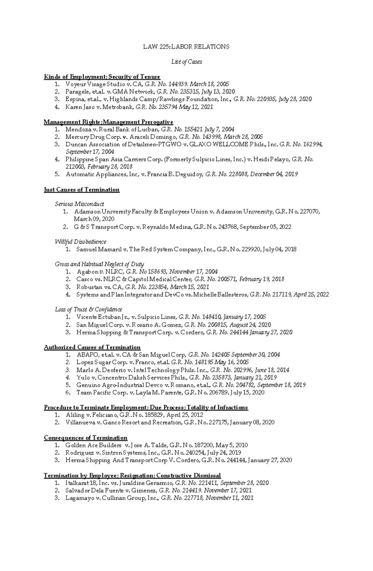 Labor Law Cases - LAW 225: LABOR RELATIONS List of Cases Kinds of ...