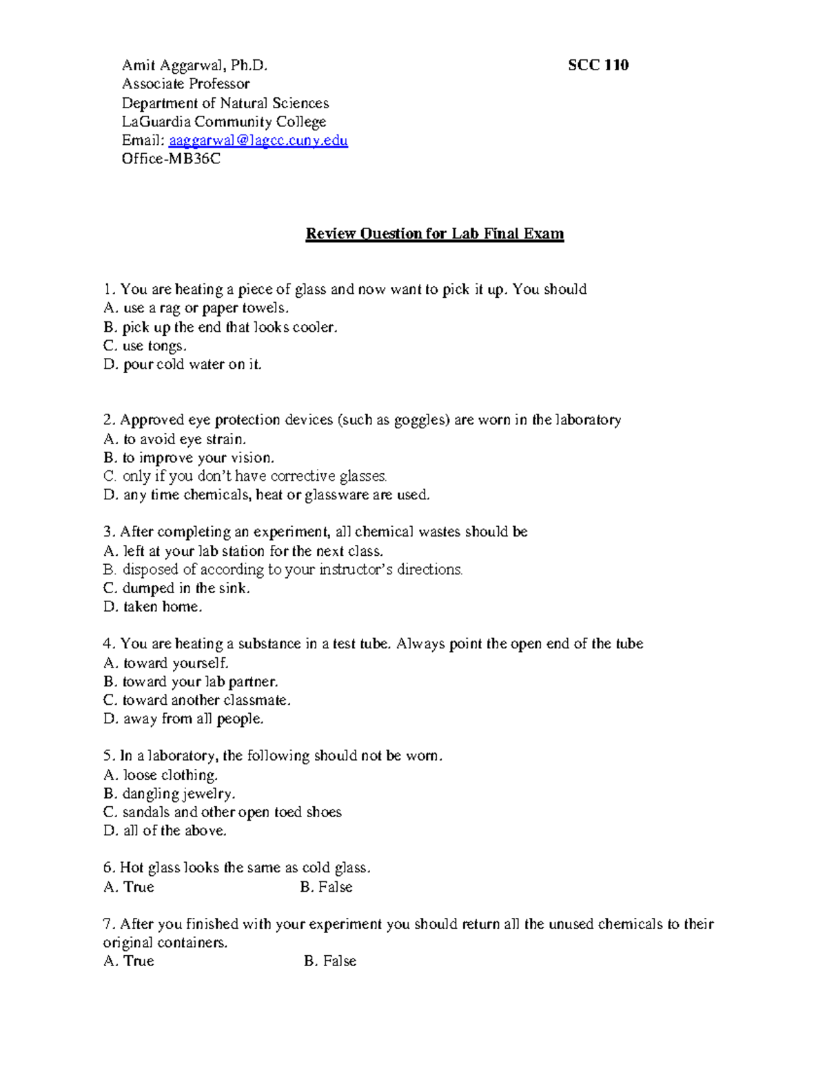 SCC110 Lab Final Exam+ Answer key - Amit Aggarwal, Ph. SCC 110 ...