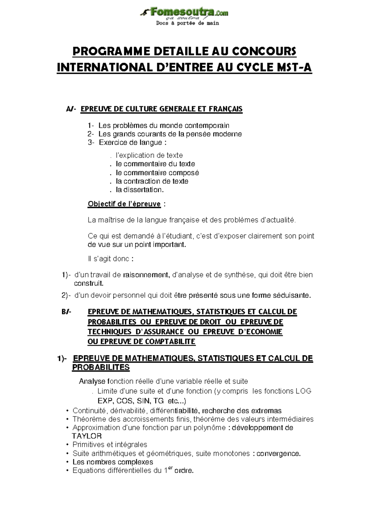Programme Detaille AU Cycle MST-A - PROGRAMME DETAILLE AU CONCOURS ...