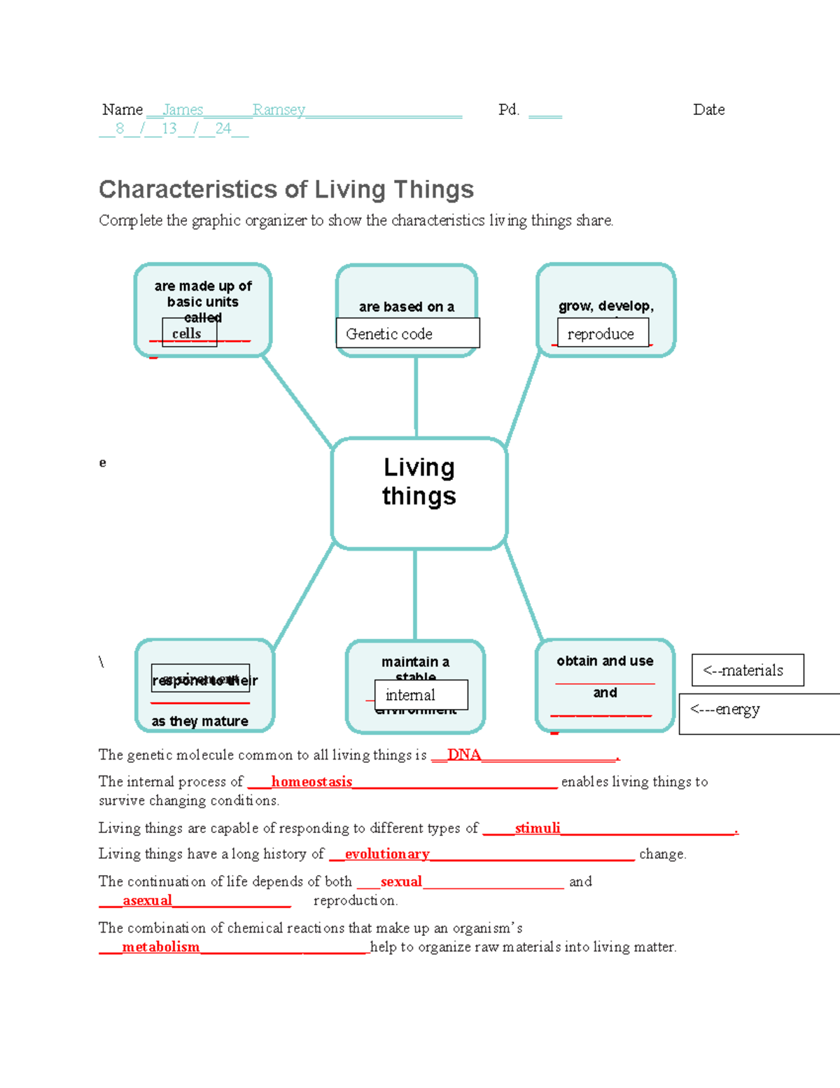 Characteristics of Life Worksheet-1 - Name James______Ramsey ...