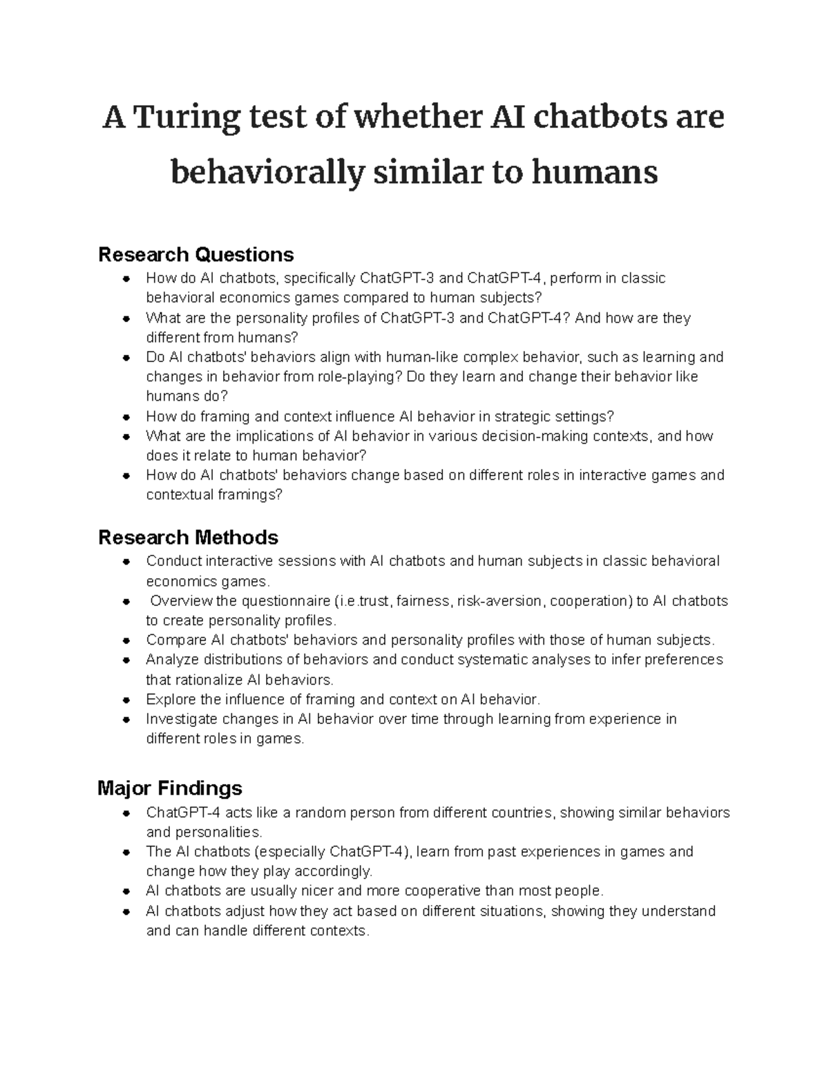 A Turing test of whether AI chatbots are behaviorally similar to humans ...
