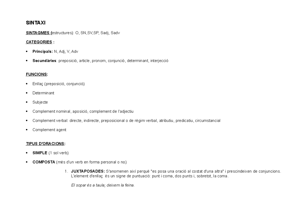 Sintaxi - SINTAXI SINTAGMES ( estructures): O, SN,SV,SP, Sadj, Sadv CATEGORIES : Principals: N ...