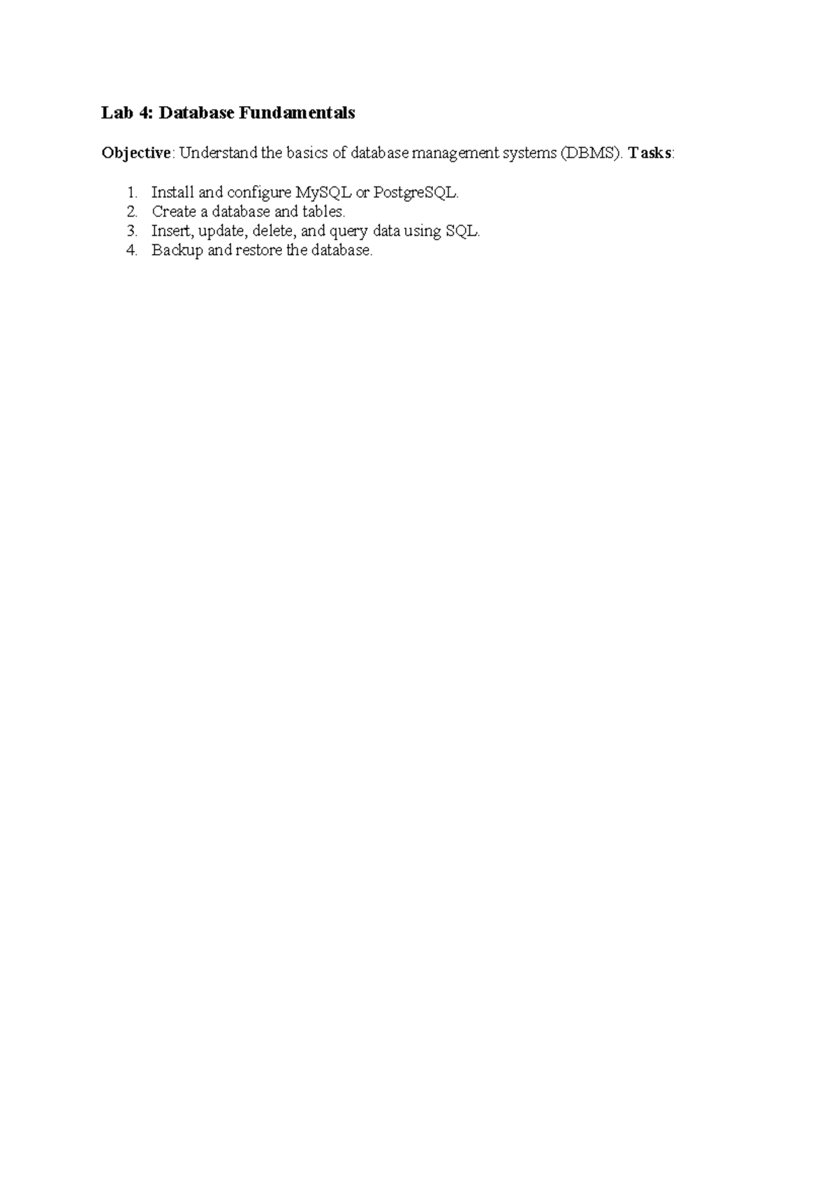 Lab 04 Dfd Computer Architecture And Organisation Lab 4 Database Fundamentals Objective 9222