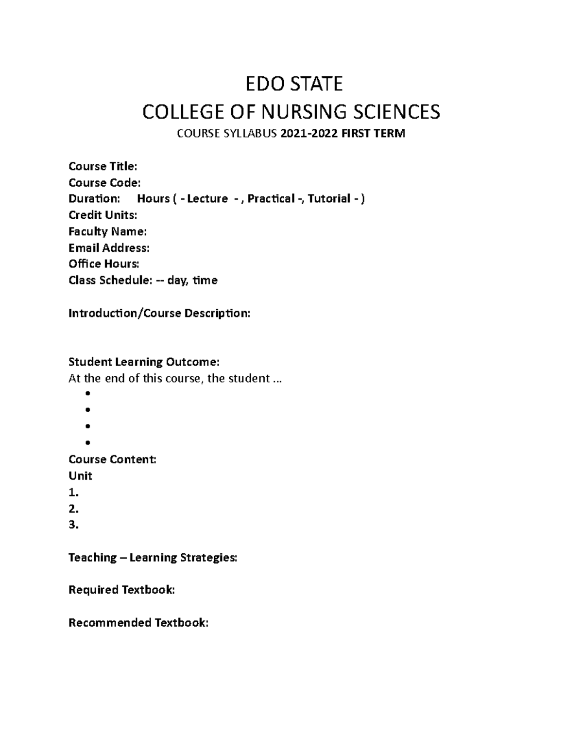 Course Syllabus Template EDO STATE COLLEGE OF NURSING SCIENCES COURSE course-syllabus-template-edo-state-college-of-nursing-sciences-course