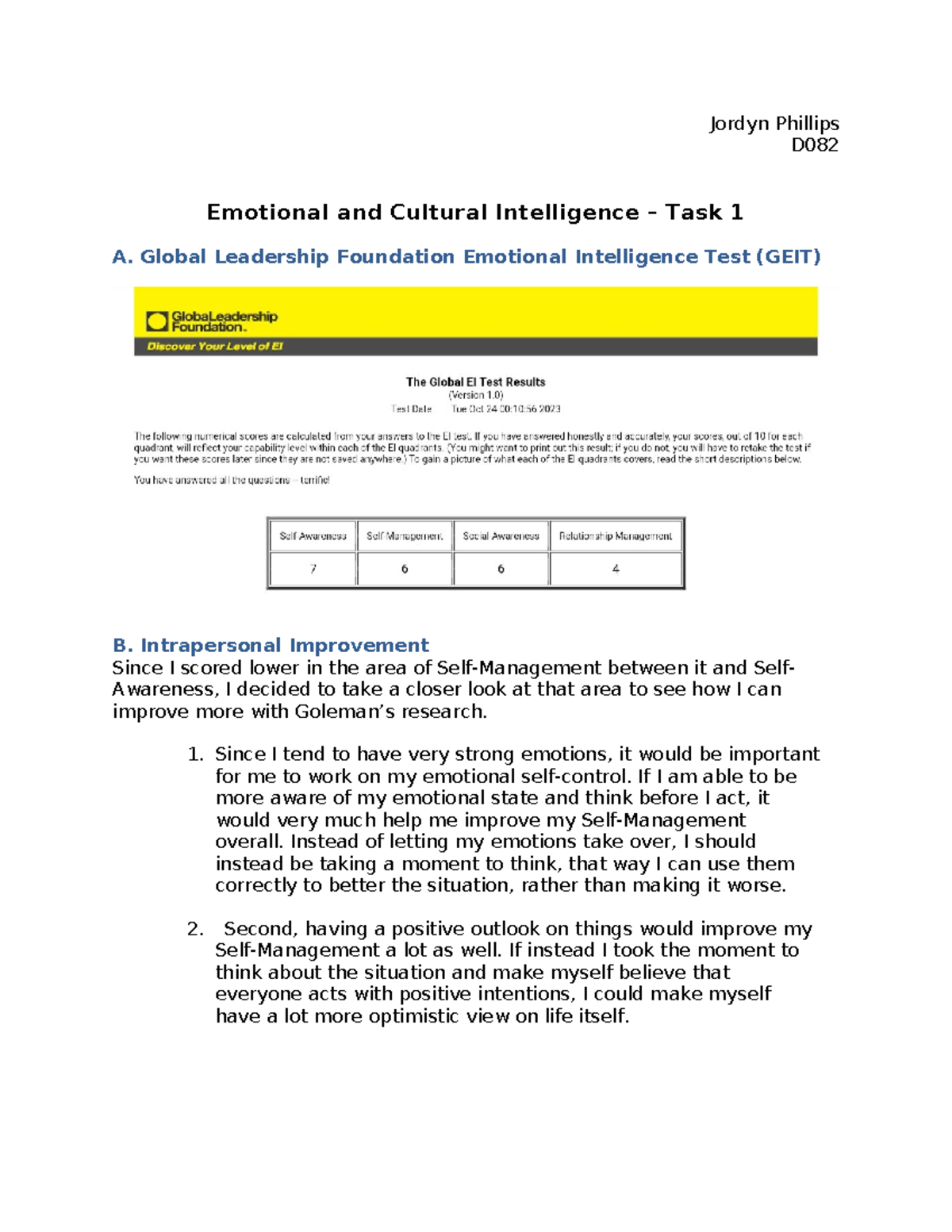D082 Task 1 D082 Task 1 Jordyn Phillips D Emotional And Cultural Intelligence Task 1 A 