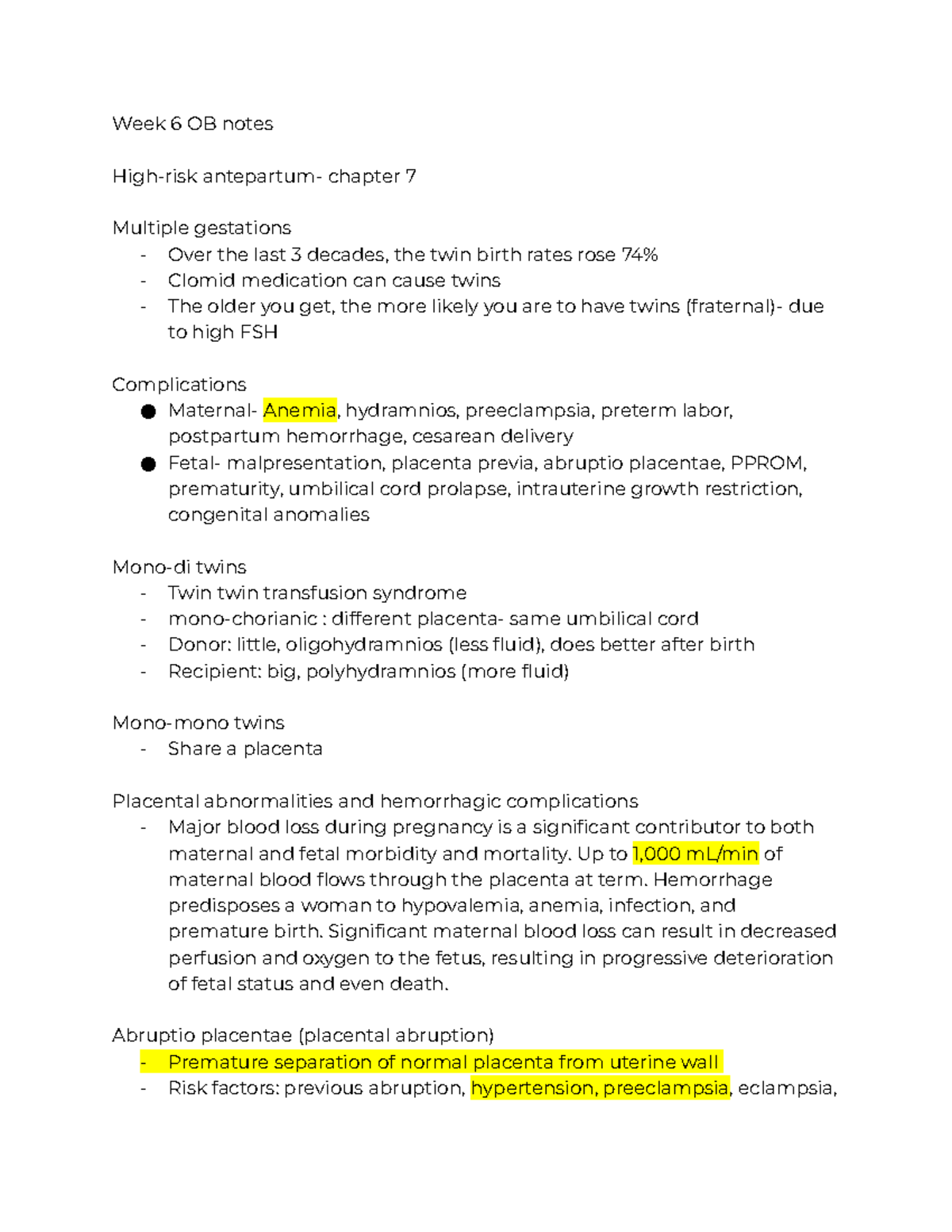 Week 6 OB notes - Prof Sharma - Week 6 OB notes High-risk antepartum ...