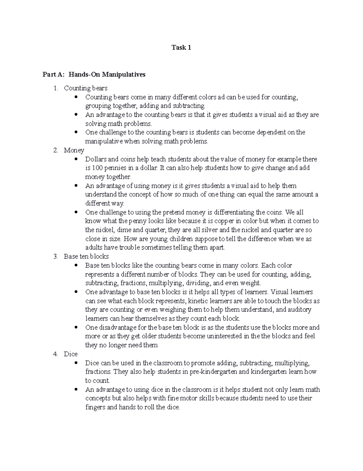 C109 math methods - task - Task 1 Part A: Hands-On Manipulatives ...