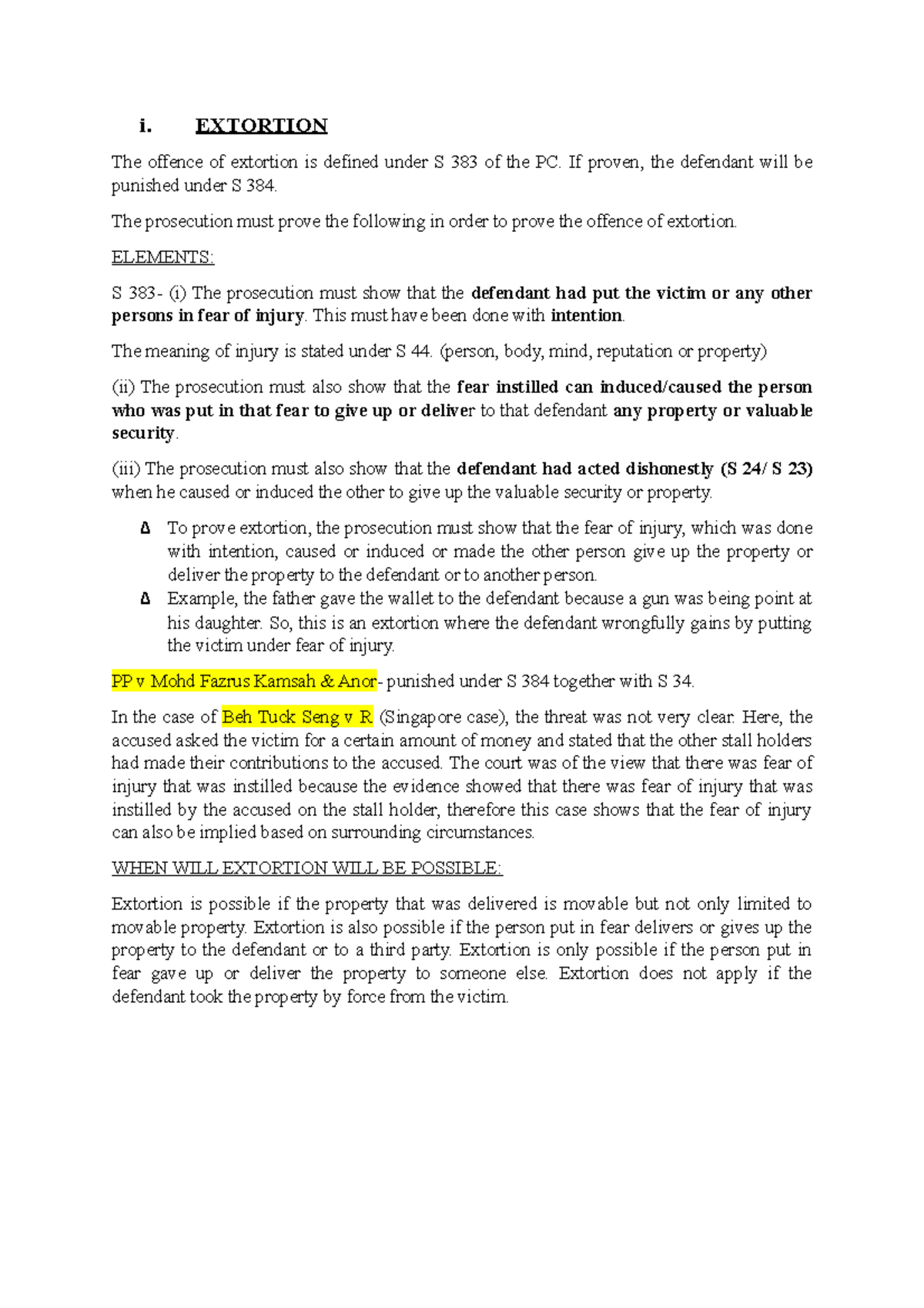 Extortion & Robbery - i. EXTORTION The offence of extortion is defined ...