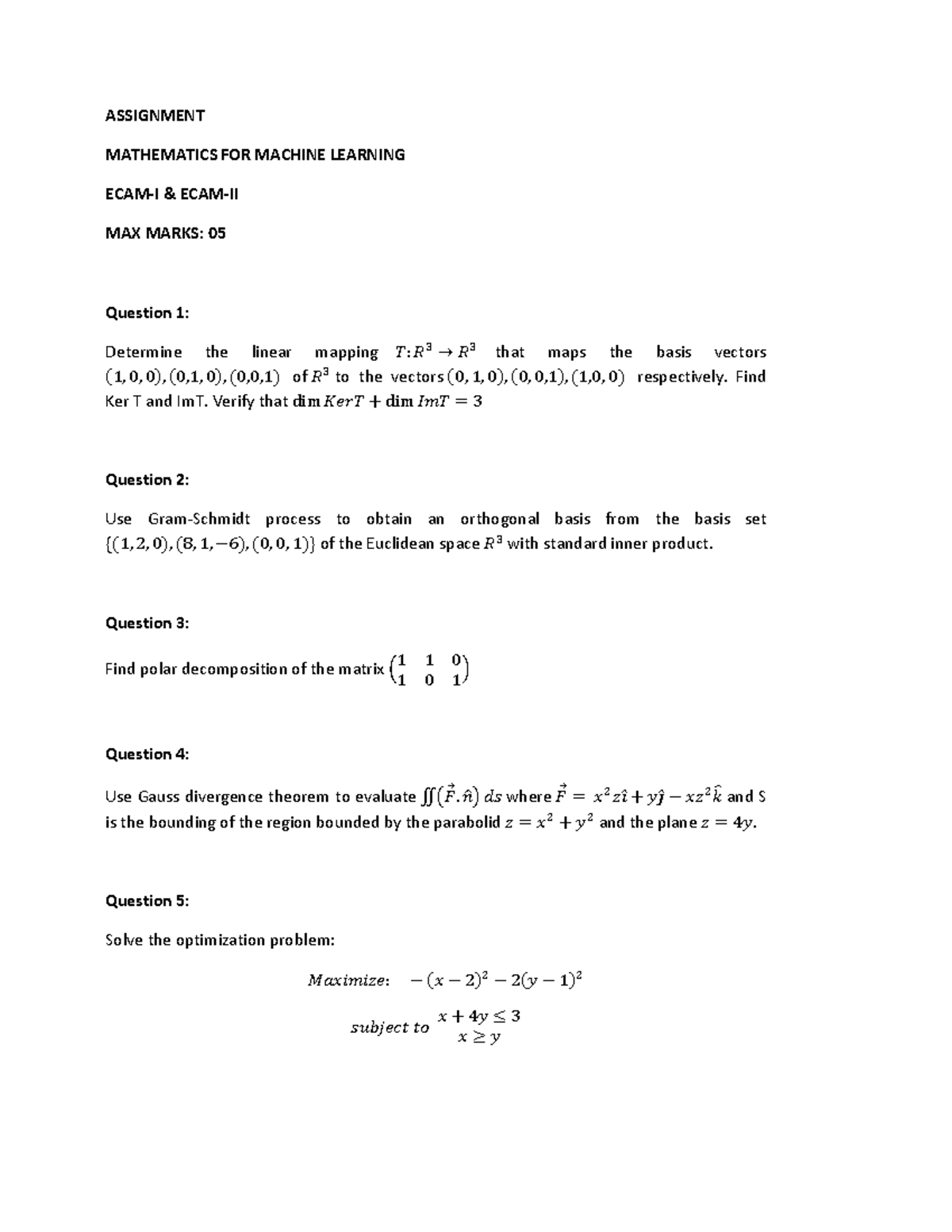 assignment for practice - ASSIGNMENT MATHEMATICS FOR MACHINE LEARNING ...