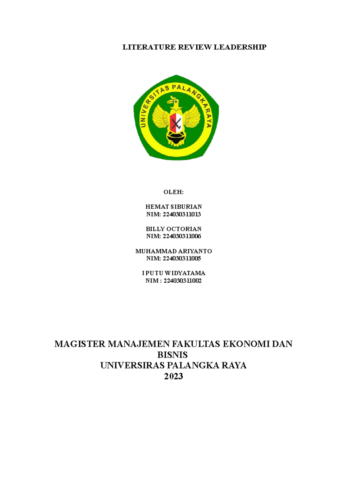 LIT REV - woke - LITERATURE REVIEW LEADERSHIP OLEH: HEMAT SIBURIAN NIM ...