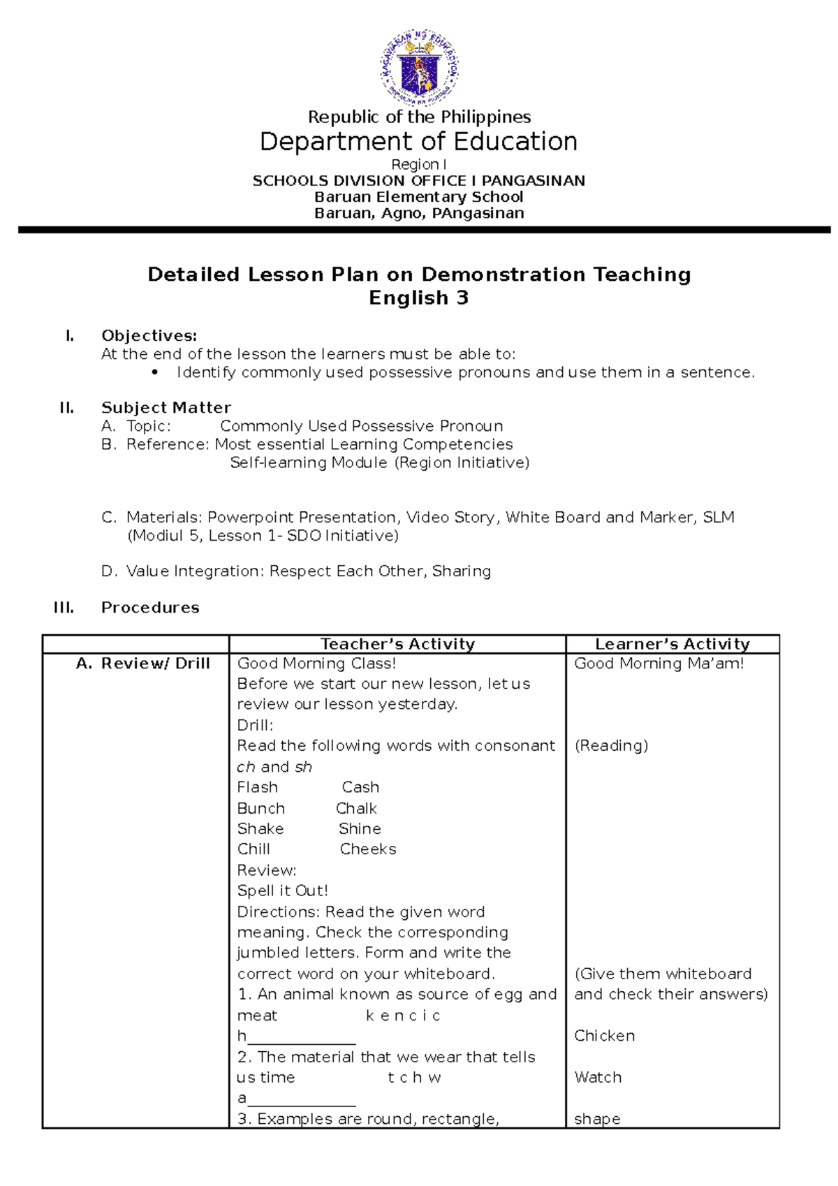 DLP COT English - Republic of the Philippines Department of Education ...
