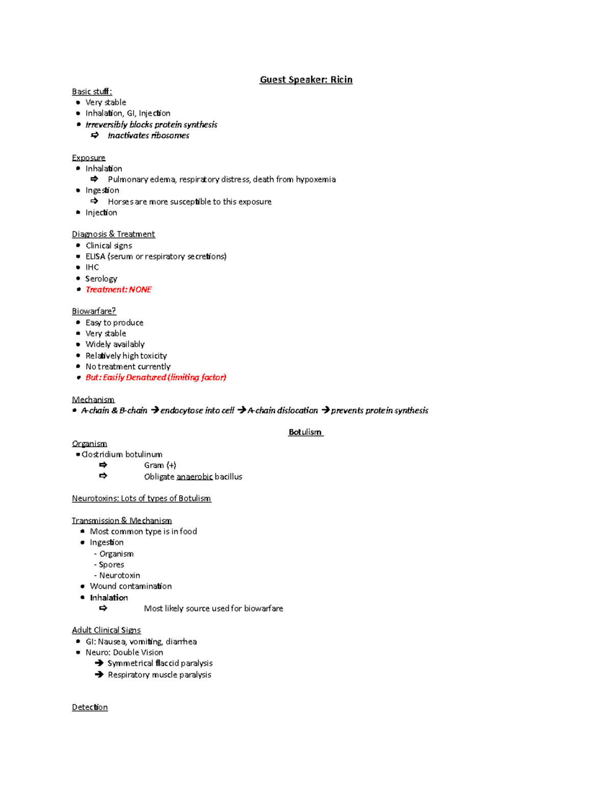Ricin and Botulism - Dr. Legare - Basic stuff: Very stable Inhalation ...