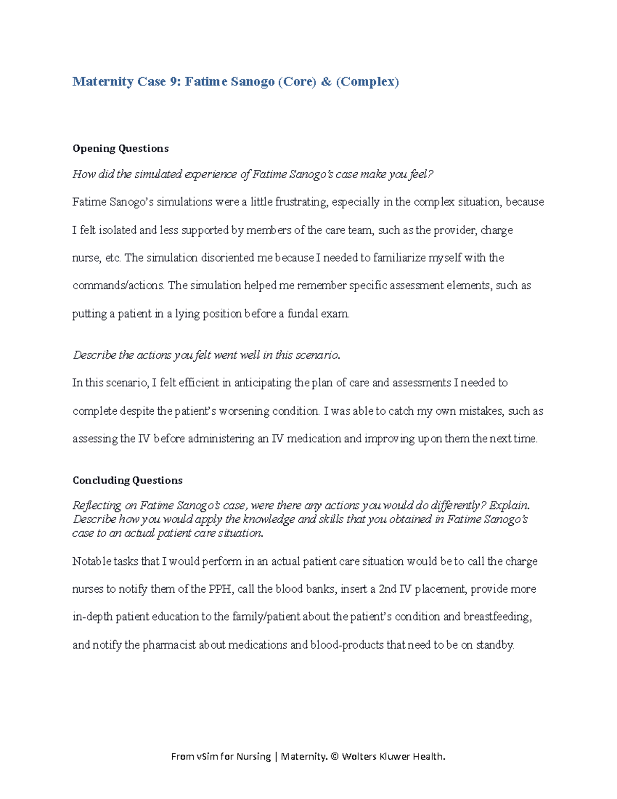 OB v Sim 2 Reflection - VSIM - Maternity Case 9: Fatime Sanogo (Core ...