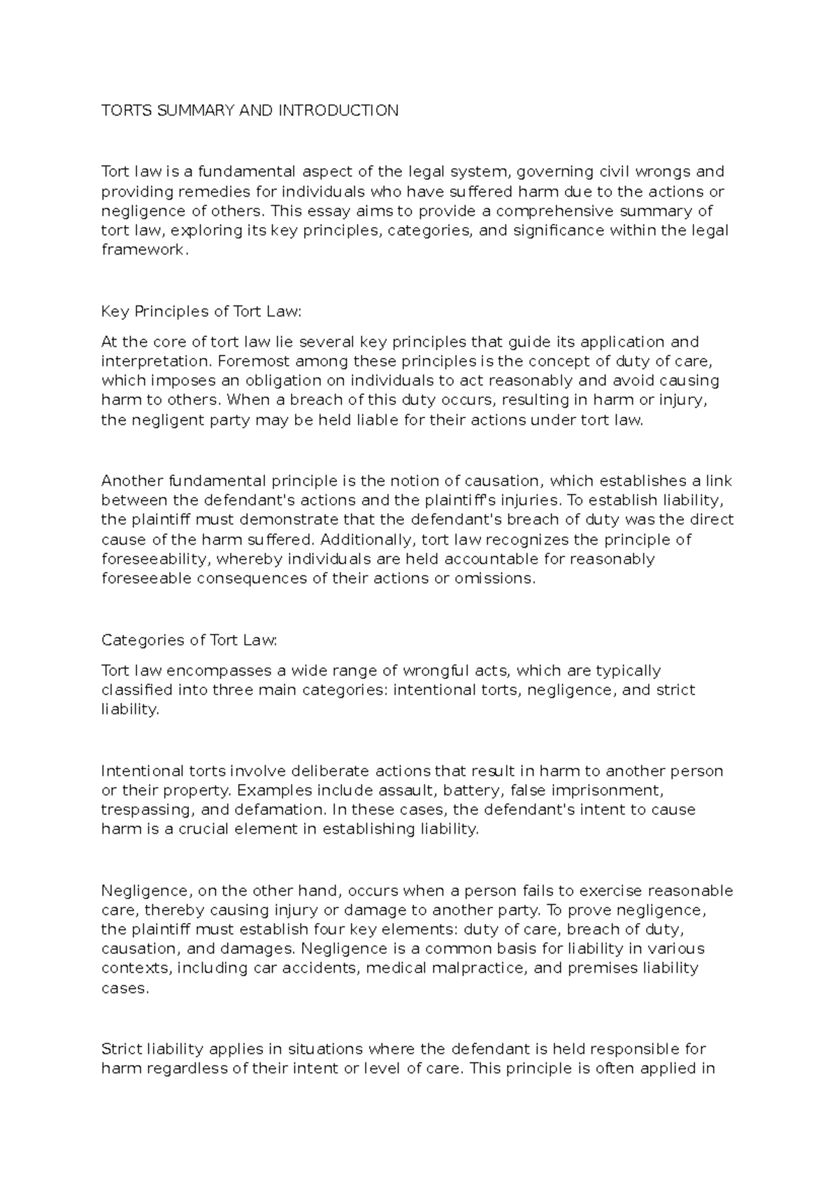 Tortssummary - Summary Torts - TORTS SUMMARY AND INTRODUCTION Tort law is a fundamental aspect ...