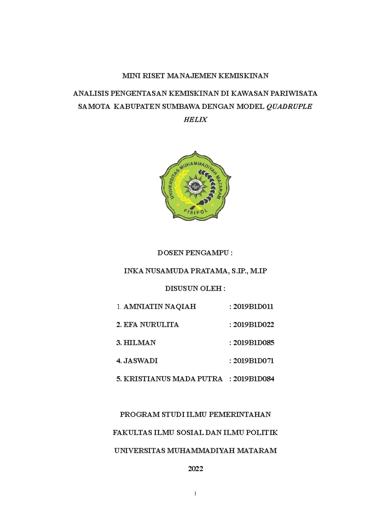 MINI Riset Manajemen Kemiskinan DI Kabupaten Sumbawa - MINI RISET ...