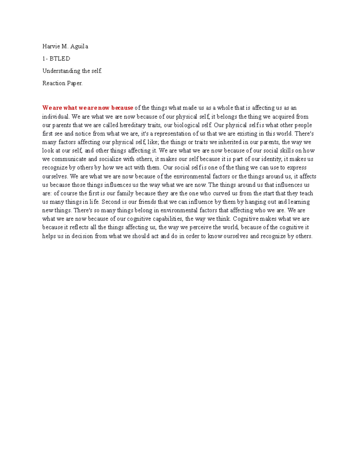 Understanding the self - Harvie M. Aguila 1- BTLED Understanding the ...
