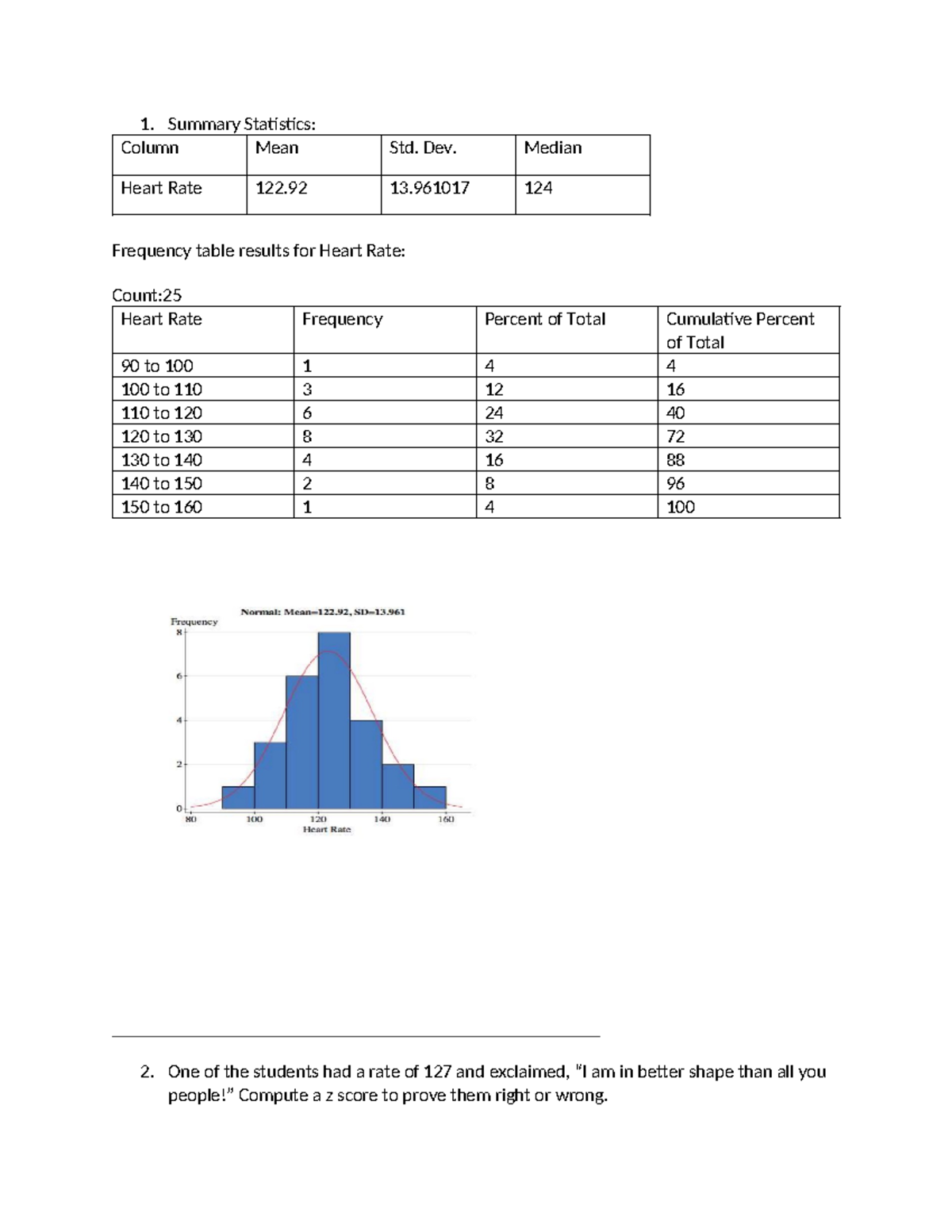 Discussion 1 Week 1 - Summary Statistics: Column Mean Std. Dev. Median Heart Rate 122 13 124 ...