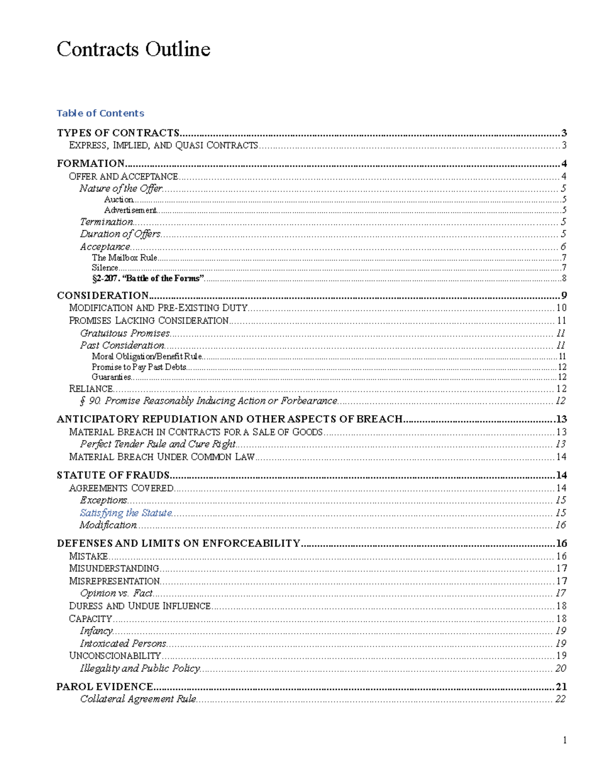 Contracts Outline Wilden - Table of Contents TYPES OF - Studocu