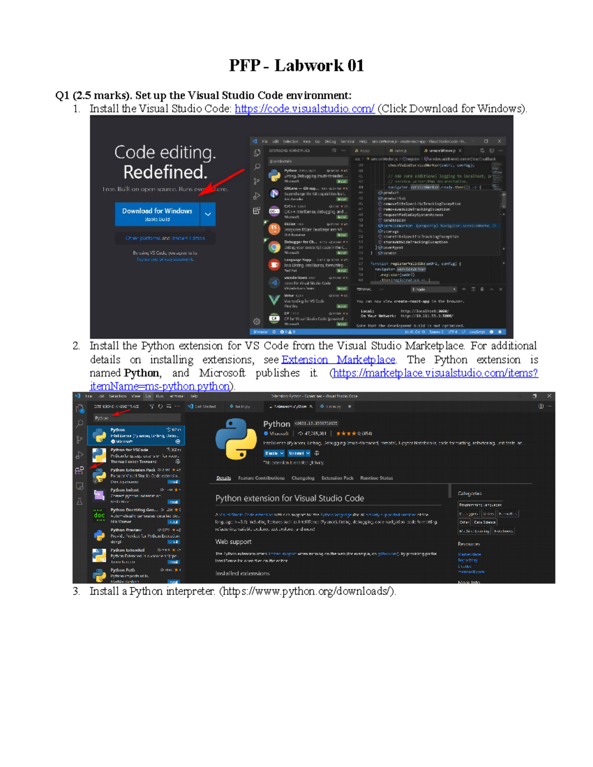 Lab01a - qwvfsdgffgf - PFP - Labwork 01 Q1 (2 marks). Set up the Visual Studio Code environment ...