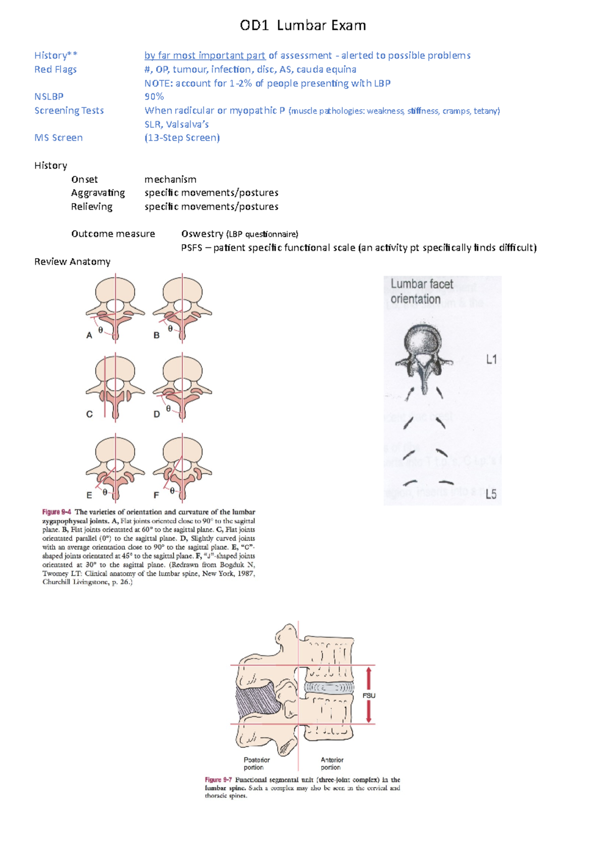 OD1 LS Prac - overview of lumbar examination and anatomy - OD1 Lumbar ...