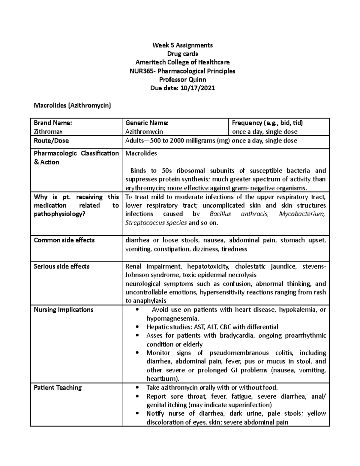 Ameritech Drug Study Template 2 - Week 5 Assignments Drug cards ...
