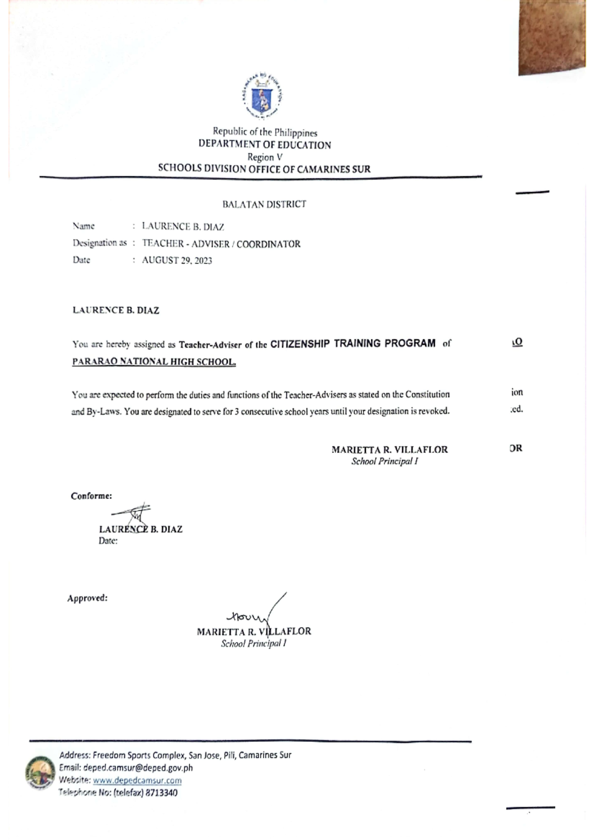 CTP adviser - Designation - NO G your Republic of the Philippines ...