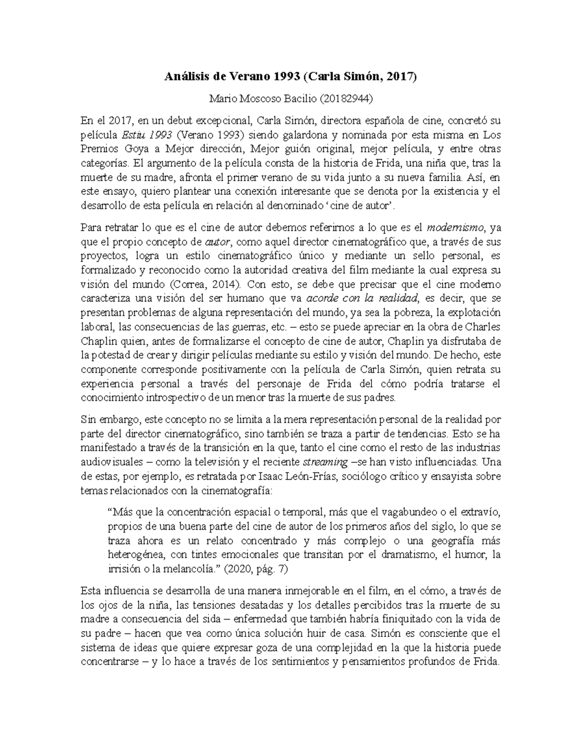 Análisis de Verano 1993: Trabajo de Historia y Estética del Cine ...