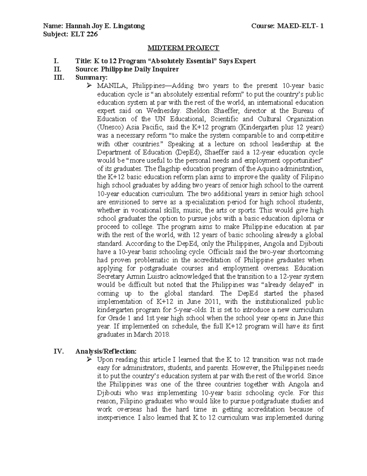 Midterm Project- Lingatong, HJ - Name: Hannah Joy E. Lingatong Course ...