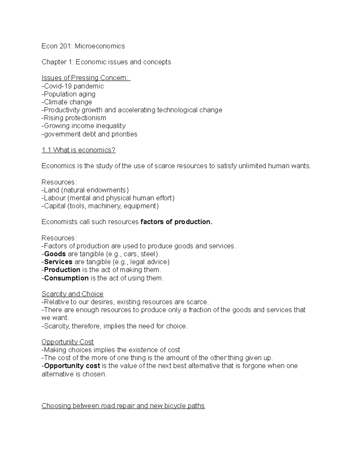 Chapter 1 Slides - Econ 201: Microeconomics Chapter 1: Economic issues ...