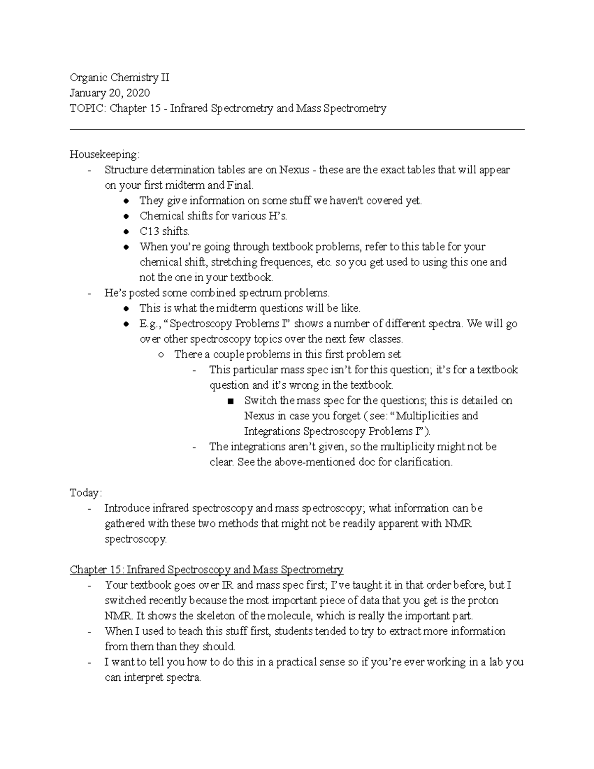 Organic Chemistry II (Jan 20, 2020) - Organic Chemistry II January 20 ...