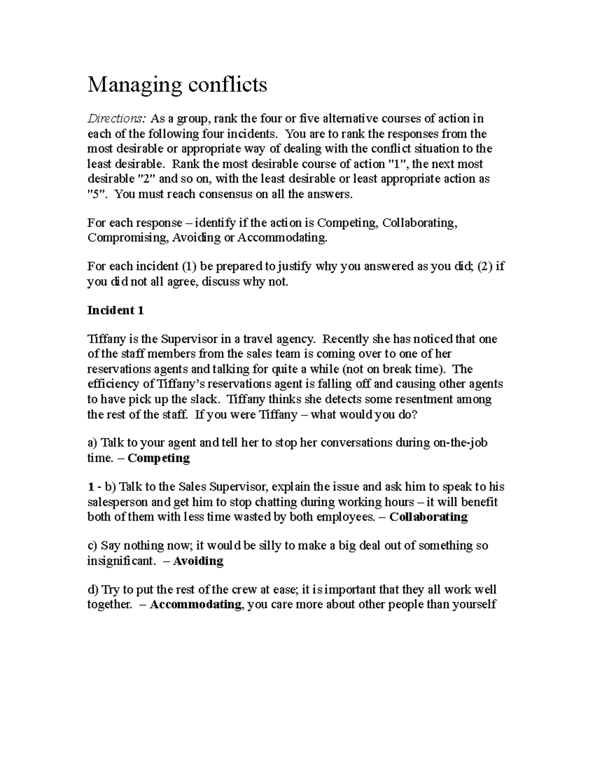 Managing conflicts exercises - Managing conflicts Directions: As a ...