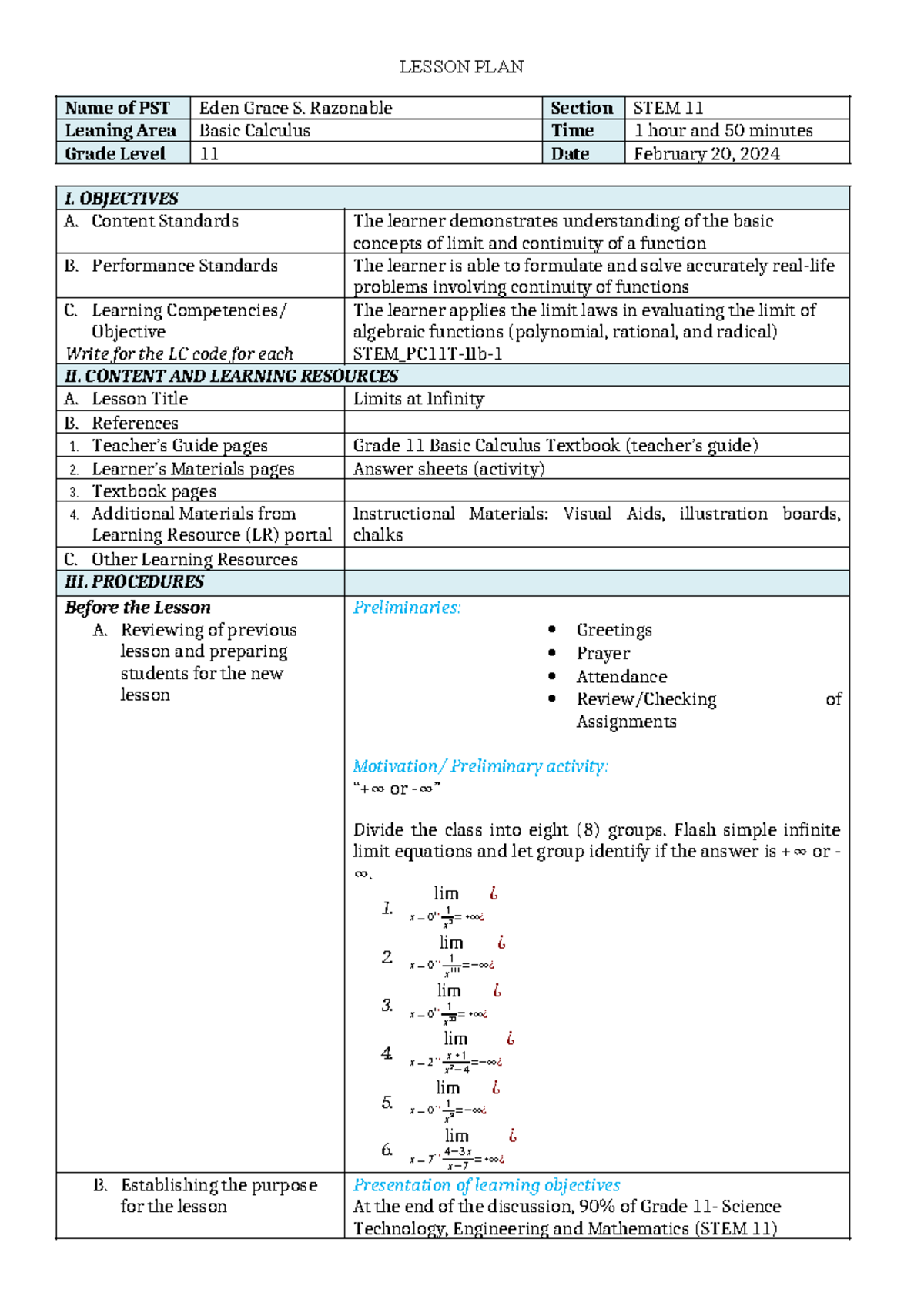 Limits at Infinity Basic Calculus Grade 11 Lesson Plan - LESSON PLAN ...