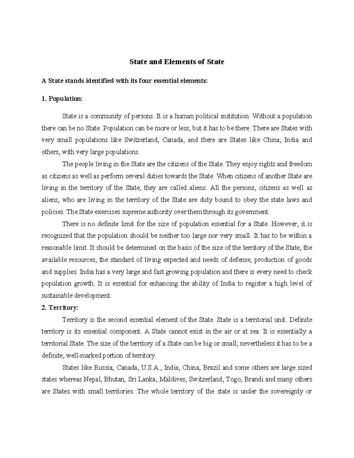 Statehood notes - State and Elements of State A State stands identified ...