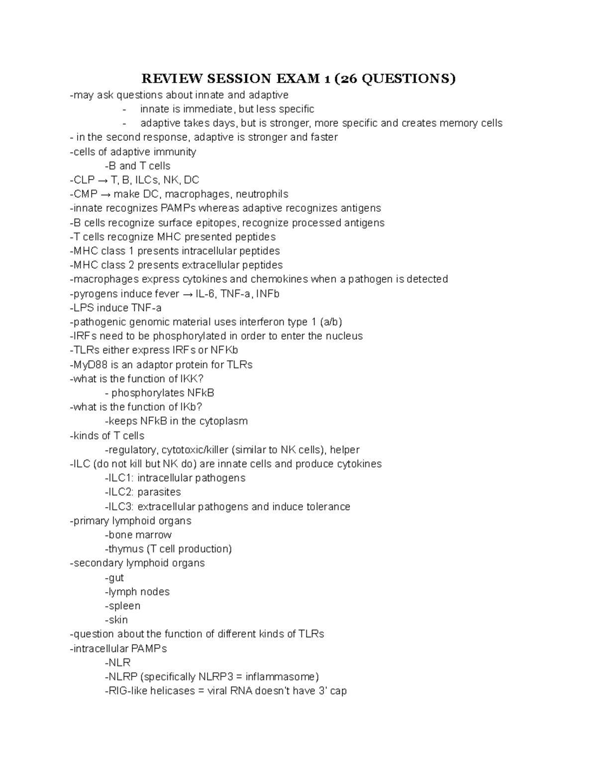 Immunology Exam 1 Exam 1 Review Review Session Exam 1 26 Questions