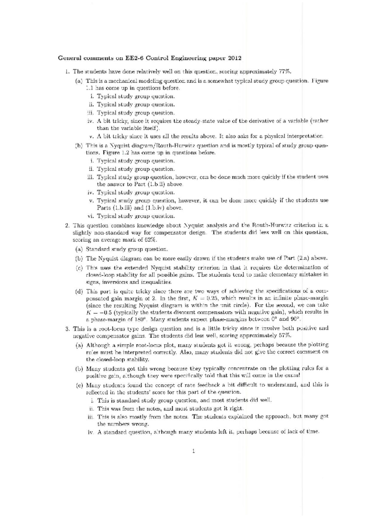 Exam 2012, questions and answers - General comments on Control ...
