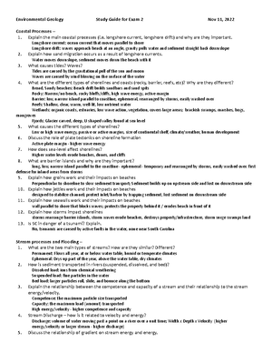 GEOL103 Midterm Review - Environmental Geology 103 Study Guide Exam 1 Exam: Monday, October 3 ...