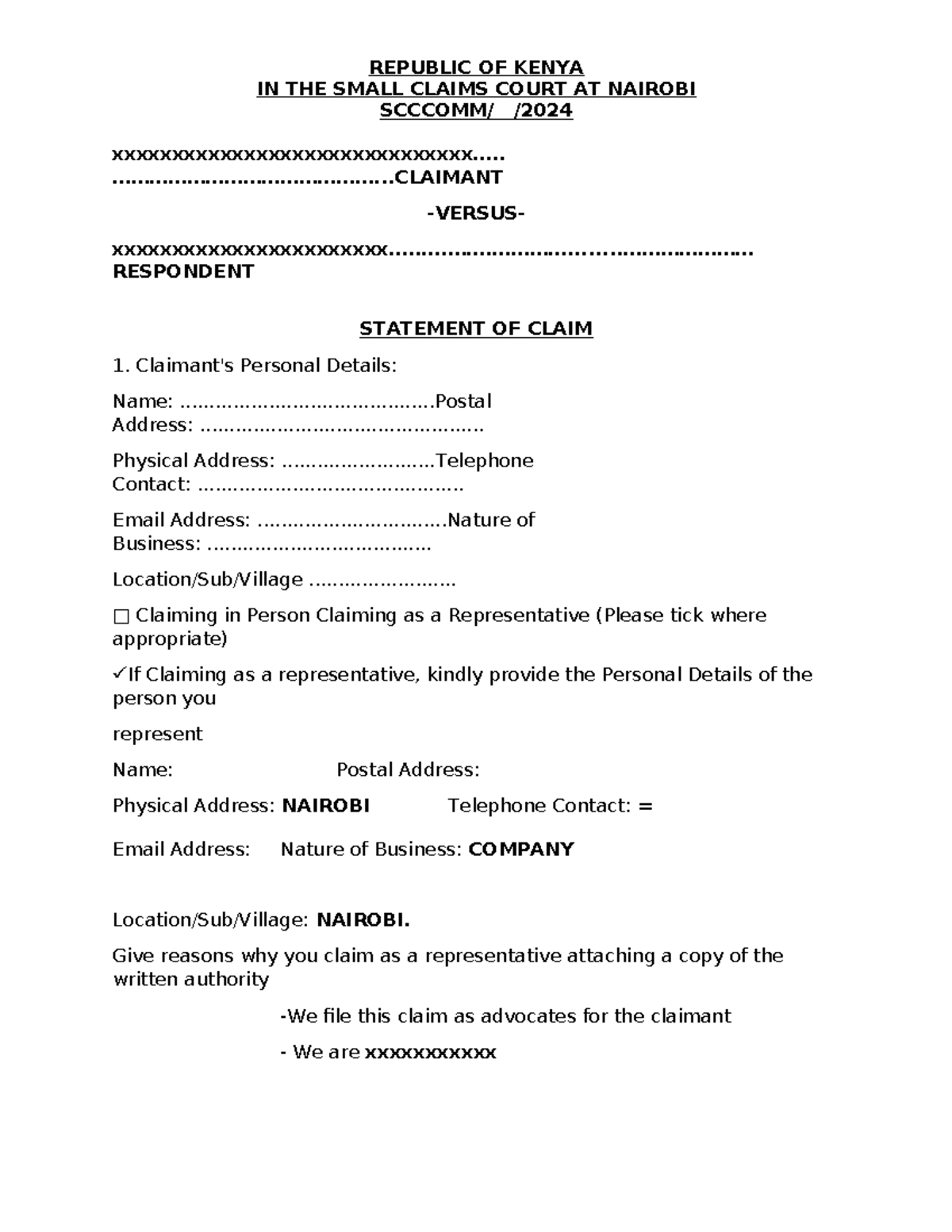 Statement of Claim - REPUBLIC OF KENYA IN THE SMALL CLAIMS COURT AT ...