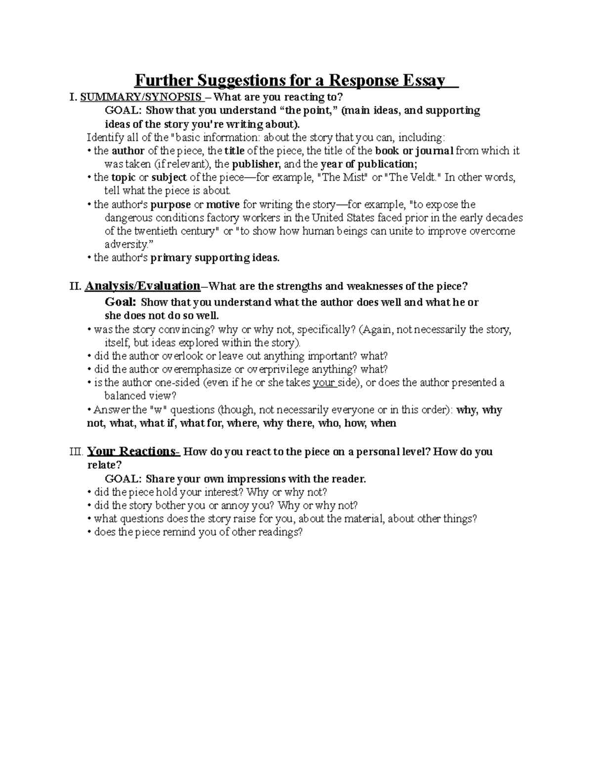 102 Further Suggestions for a Response Essay - SUMMARY/SYNOPSIS – What ...
