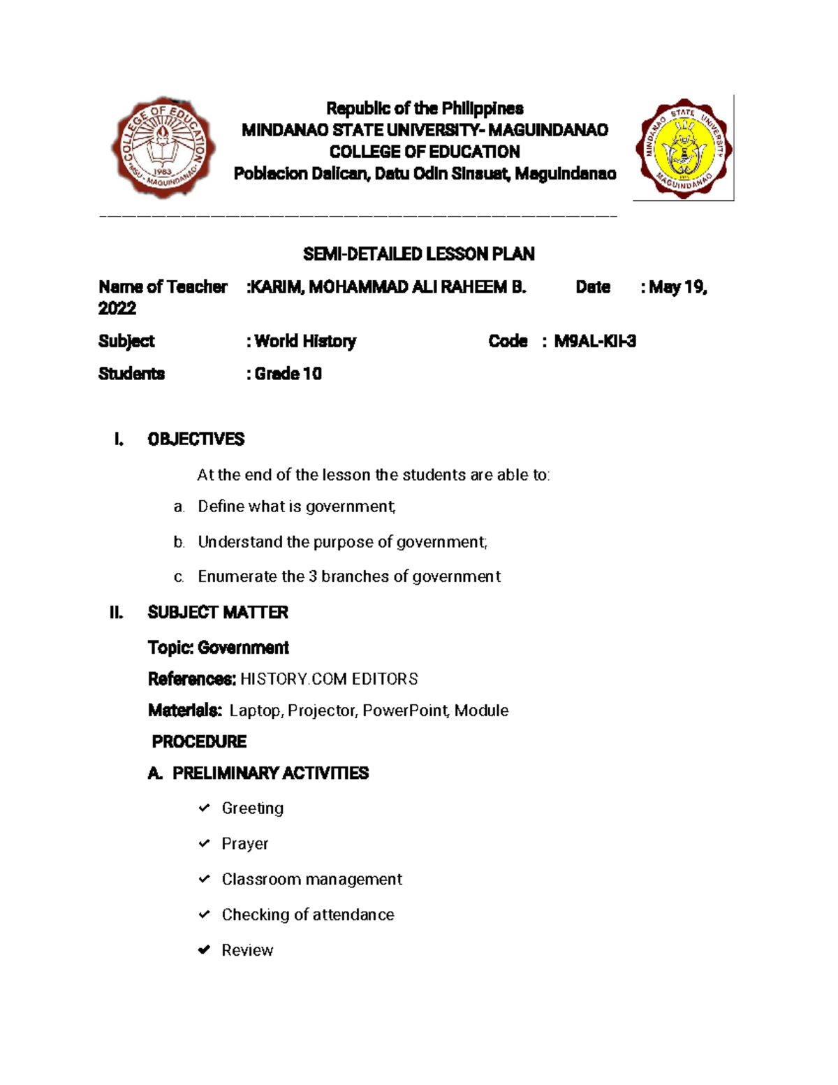 MY Lesson PLAN - Nice - Republic of the Philippines MINDANAO STATE ...